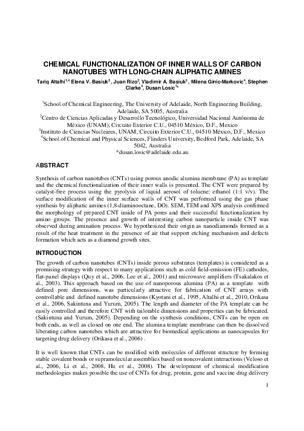(PDF) Chemical Functionalization of Inner Walls of Carbon Nanotubes with Long-Chain Aliphatic Amines