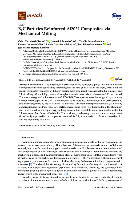 (PDF) B4C Particles Reinforced Al2024 Composites via Mechanical Milling