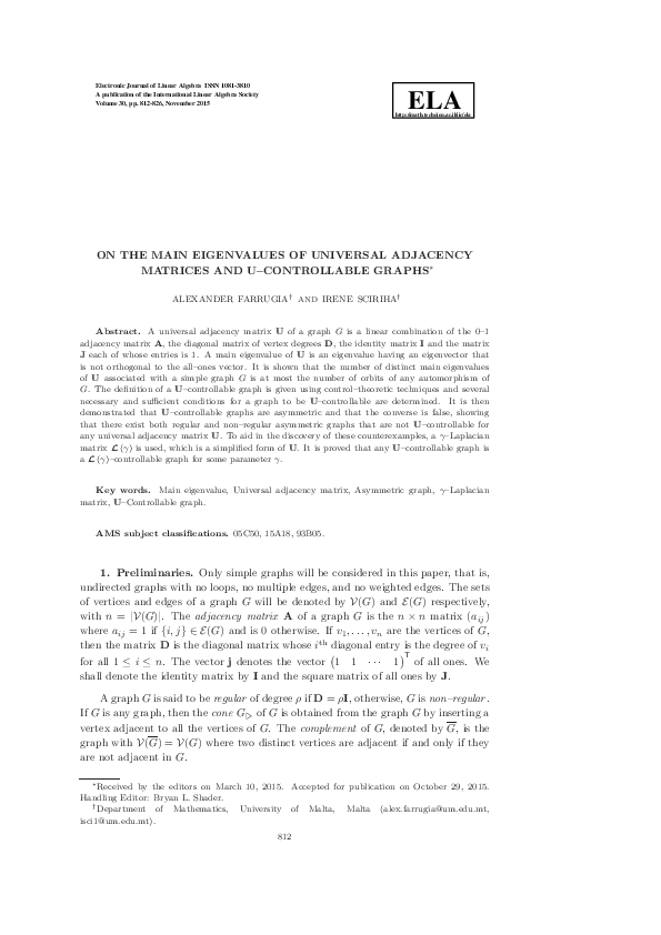(PDF) On the Main Eigenvalues of Universal Adjacency Matrices and U ...