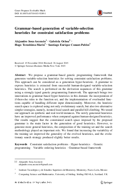 Pdf Grammar Based Generation Of Variable Selection Heuristics For Constraint Satisfaction Problems
