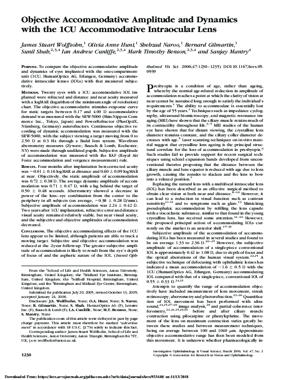 Pdf Objective Accommodative Amplitude And Dynamics With The 1cu Accommodative Intraocular Lens