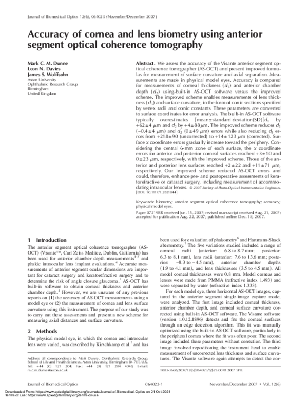 (PDF) Accuracy of cornea and lens biometry using anterior segment ...