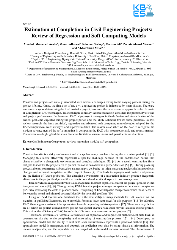 Pdf Estimation At Completion In Civil Engineering Projects Review Of Regression And Soft