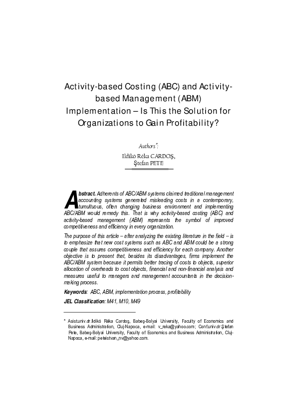 (PDF) Activity-based Costing (ABC) and Activity-based Management(ABM)Implementation – Is This ...