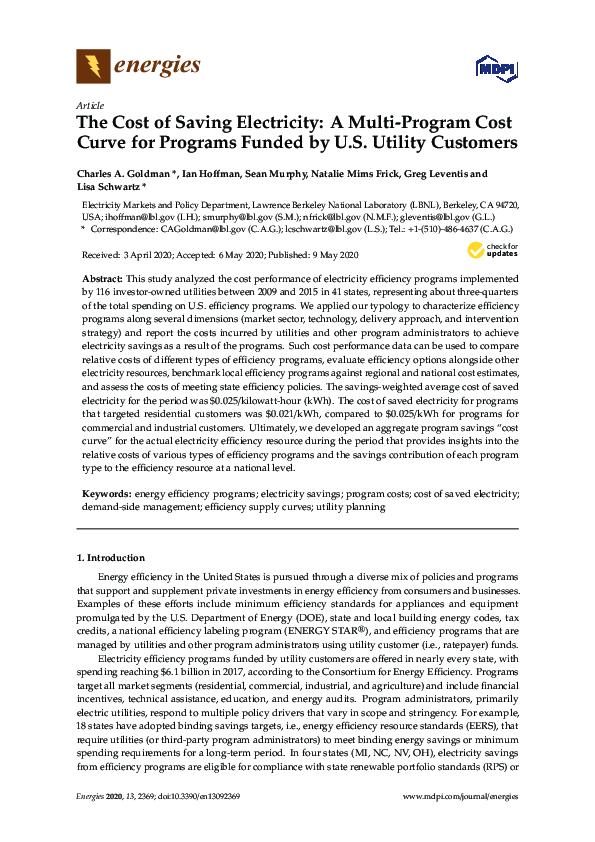 (PDF) The Cost of Saving Electricity: A Multi-Program Cost Curve for ...