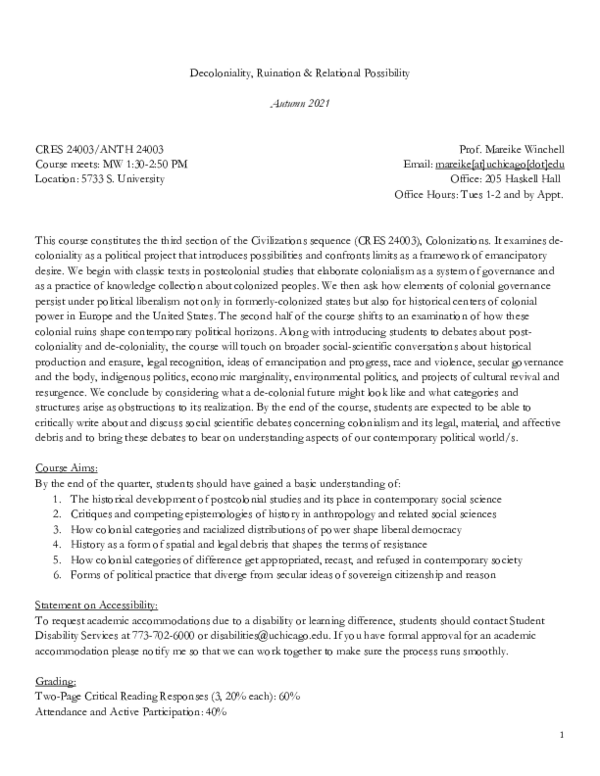 (PDF) Winchell Syllabus 2021 Decolonization, Ruination, and Relational ...