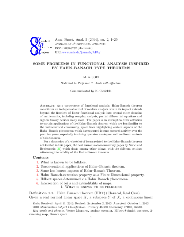 Pdf Some Problems In Functional Analysis Inspired By Hahn Banach Type
