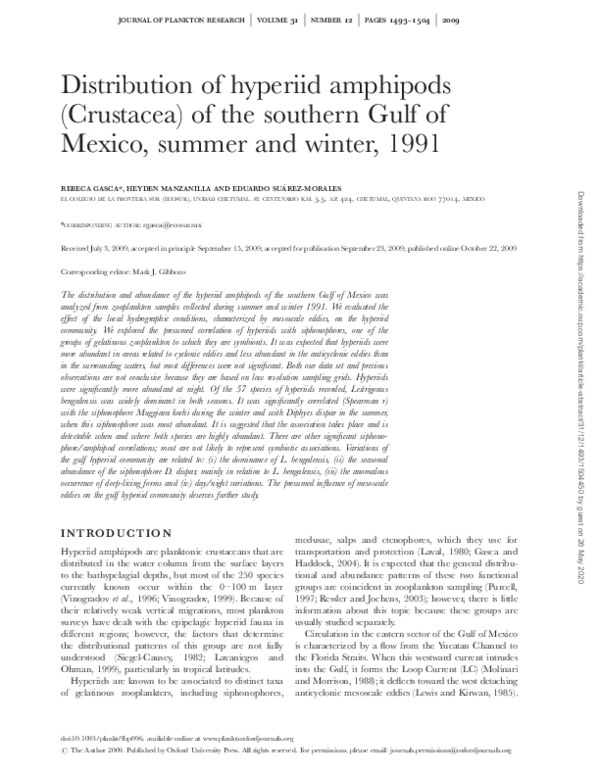 (PDF) Distribution of hyperiid amphipods (Crustacea) of the southern ...