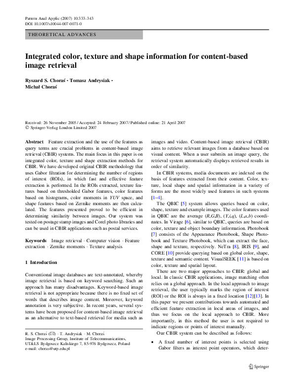 Pdf Integrated Color Texture And Shape Information For Content Based Image Retrieval