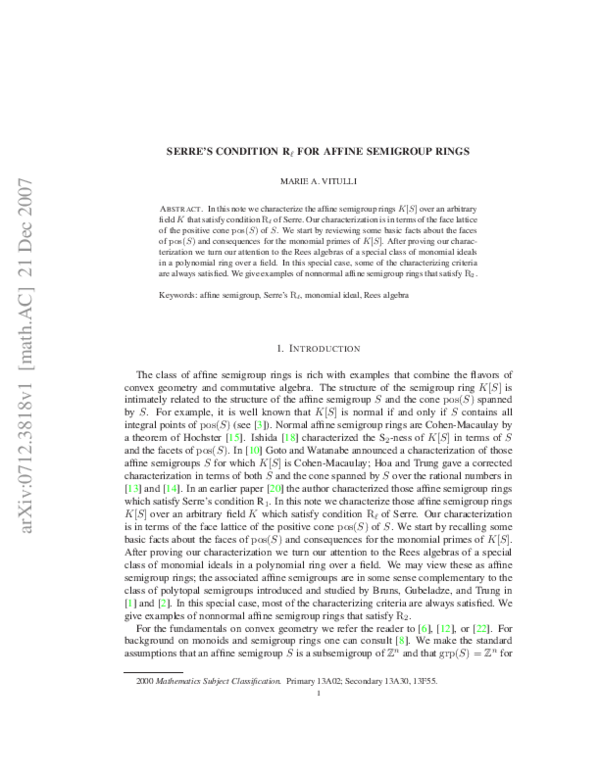 (PDF) Serre's Condition R_l for Affine Semigroup Rings