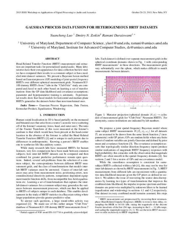 (PDF) Gaussian process data fusion for heterogeneous HRTF datasets