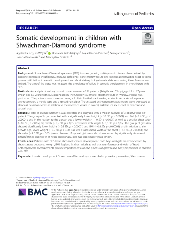 (PDF) Somatic development in children with Shwachman-Diamond Syndrome