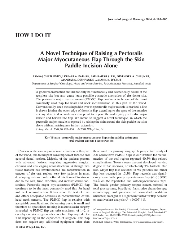 (PDF) A novel technique of raising a pectoralis major myocutaneous flap ...