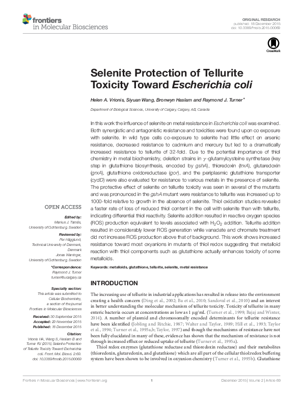 (PDF) Selenite Protection of Tellurite Toxicity Toward Escherichia coli
