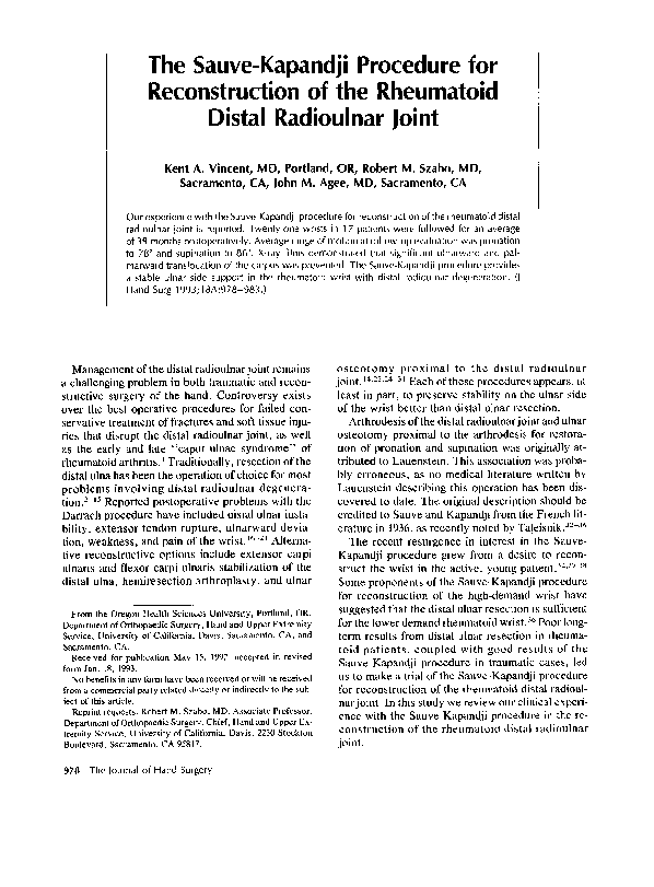 (PDF) Sauve-Kapandji Procedure for Rheumatoid Wrist