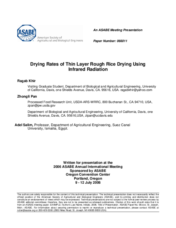 (PDF) Drying Rates of Thin Layer Rough Rice Drying Using Infrared Radiation