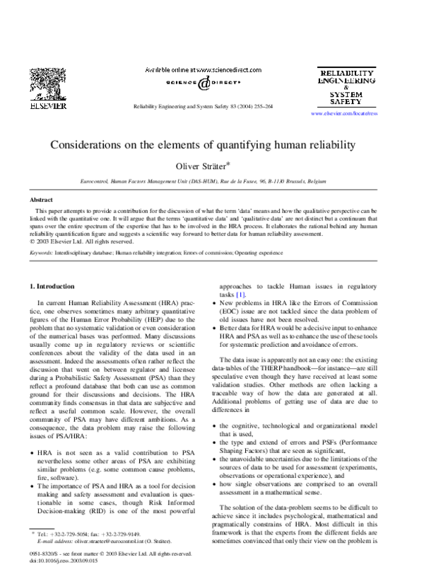 (PDF) Considerations on the elements of quantifying human reliability