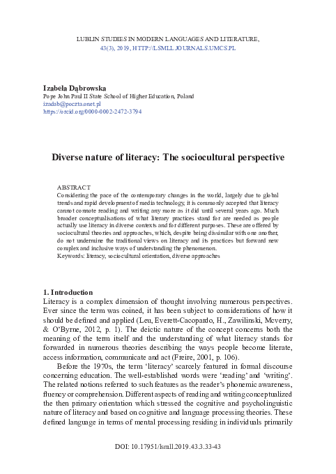 (PDF) Diverse nature of literacy: The sociocultural perspective