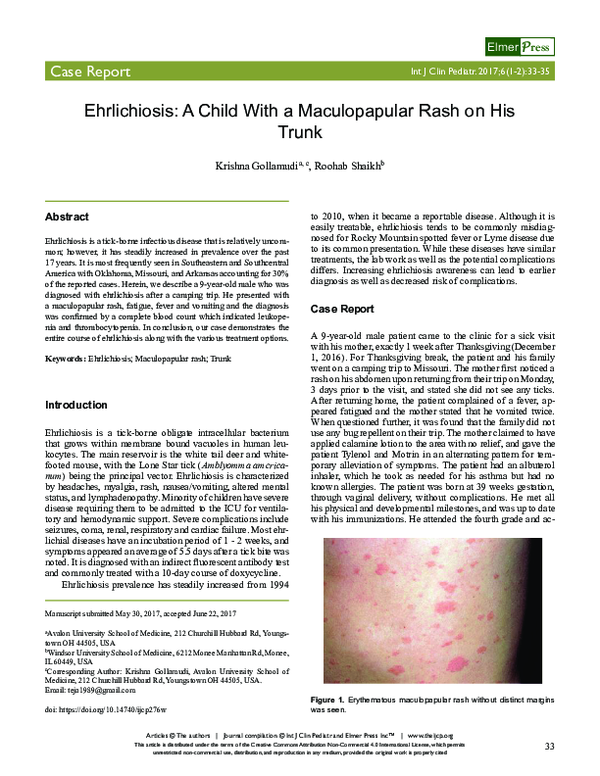 (PDF) Ehrlichiosis: A Child With a Maculopapular Rash on His Trunk