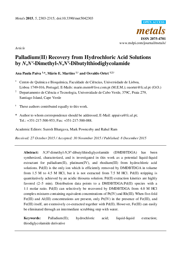(PDF) Palladium(II) Recovery from Hydrochloric Acid Solutions by N,N ...