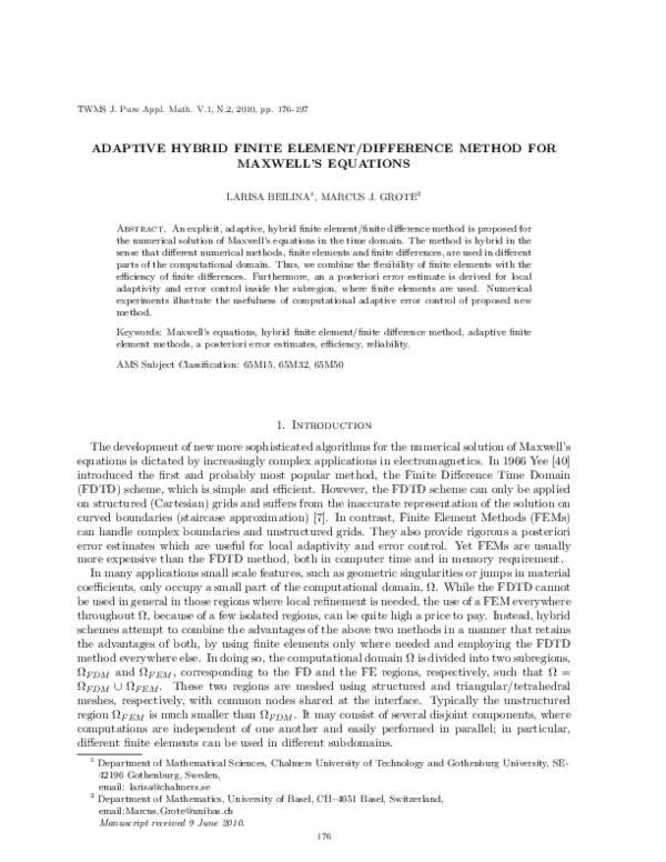 (PDF) Adaptive Hybrid Finite Element/Difference method for Maxwell's equations: an a priory ...