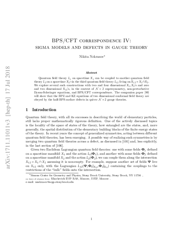 (PDF) BPS/CFT correspondence IV: sigma models and defects in gauge theory