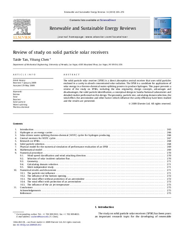 (PDF) Review of study on solid particle solar receivers