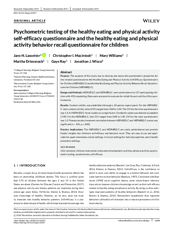 (PDF) Psychometric testing of the healthy eating and physical activity ...