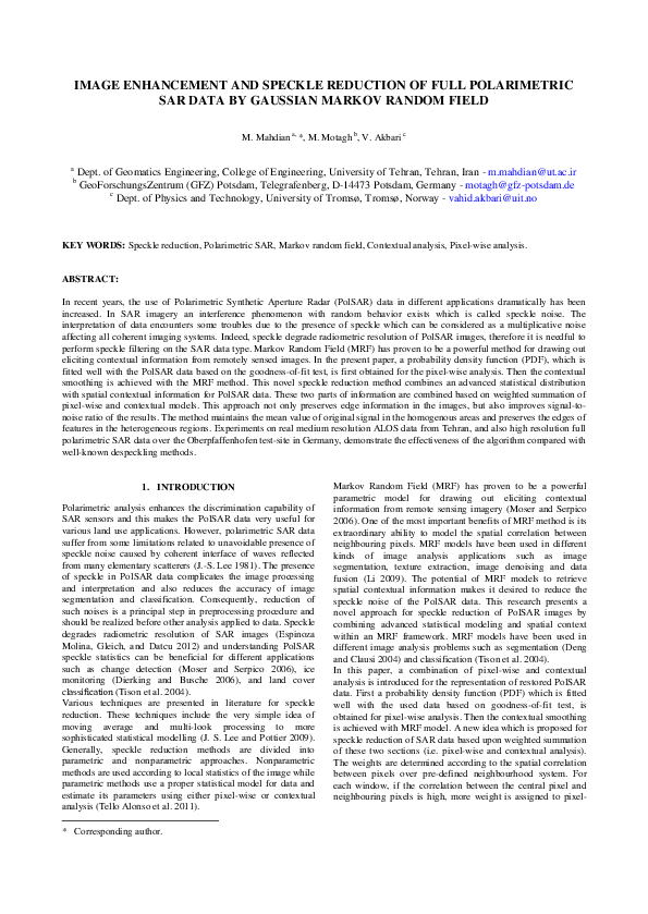 Pdf Image Enhancement And Speckle Reduction Of Full Polarimetric Sar Data By Gaussian Markov