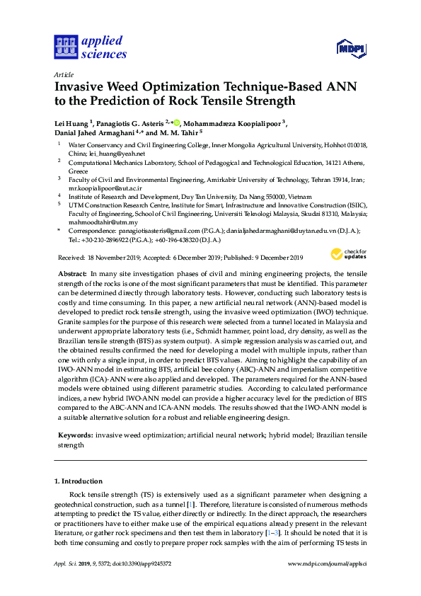 (PDF) Invasive Weed Optimization Technique-Based ANN to the Prediction of Rock Tensile Strength ...