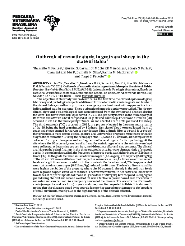 (PDF) Outbreak of enzootic ataxia in goats and sheep in the state of Bahia