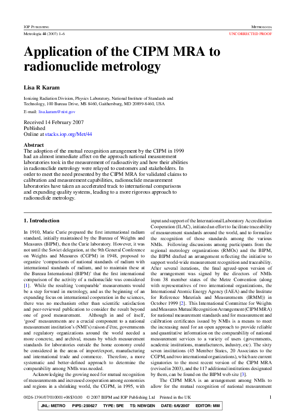(PDF) Application of the CIPM MRA to radionuclide metrology
