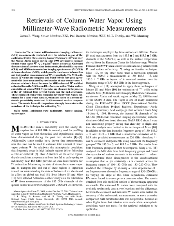 (PDF) Retrievals of column water vapor using millimeter-wave ...