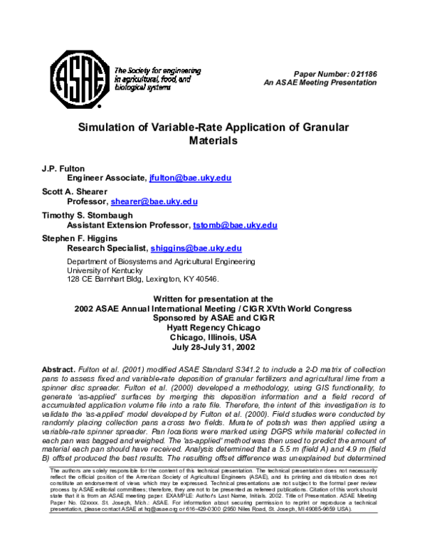 (PDF) Simulation of variable-rate application of granular materials