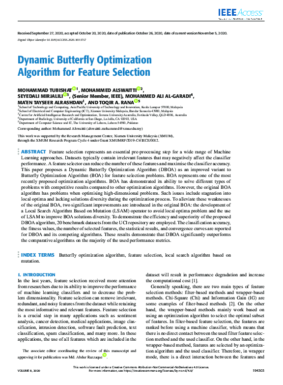 Dynamic Butterfly Optimization Algorithm For Feature Selection