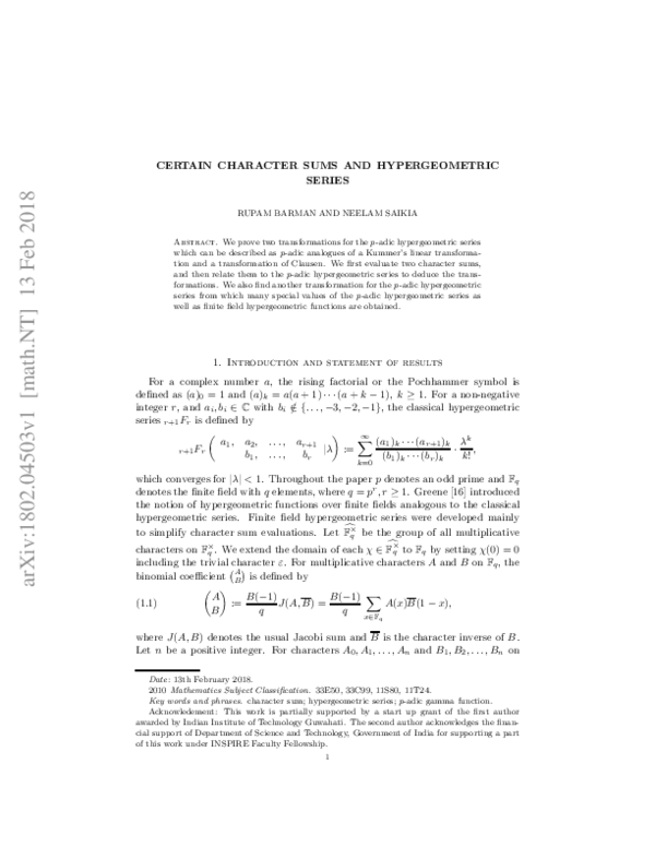 Pdf Certain Character Sums And Hypergeometric Series