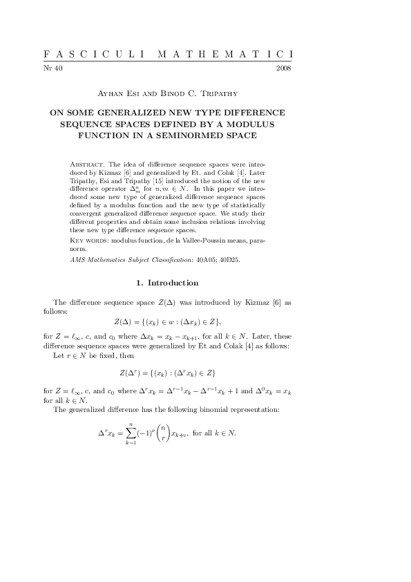 (PDF) On some generalized new type difference sequence spaces defined by a modulus function in a ...