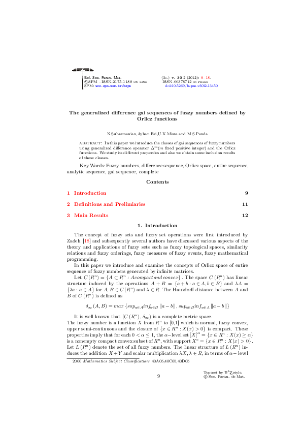 Pdf The Generalized Difference Gai Sequences Of Fuzzy Numbers Defined By Orlicz Functions