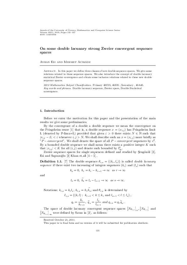 (PDF) On some double lacunary strong Zweier convergent sequence spaces