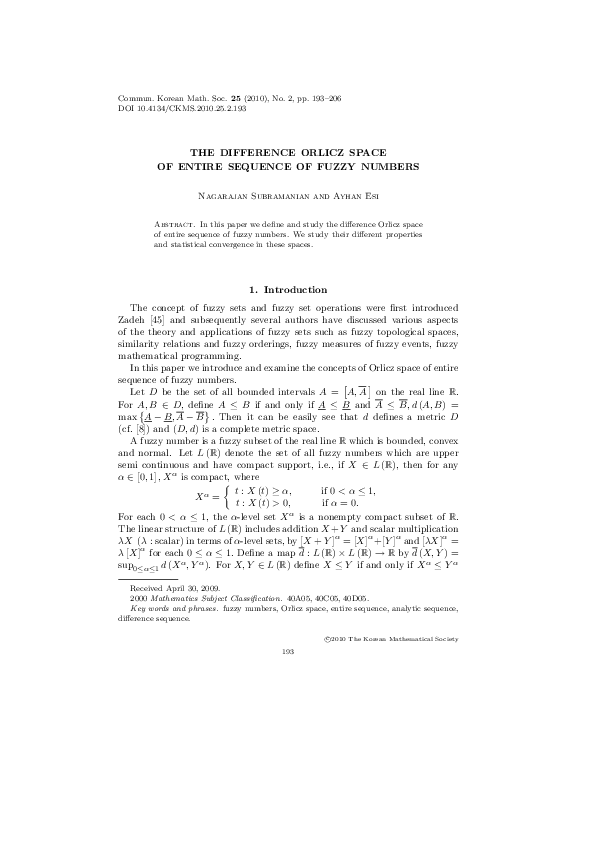 (PDF) The Difference Orlicz Space of Entire Sequence of Fuzzy Numbers