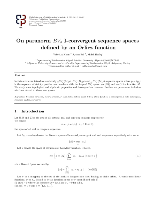 (PDF) On paranorm BVσ I-convergent sequence spaces defined by an Orlicz function