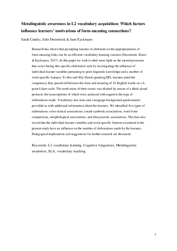 Pdf Metalinguistic Awareness In L2 Vocabulary Acquisition Which Factors Influence Learners