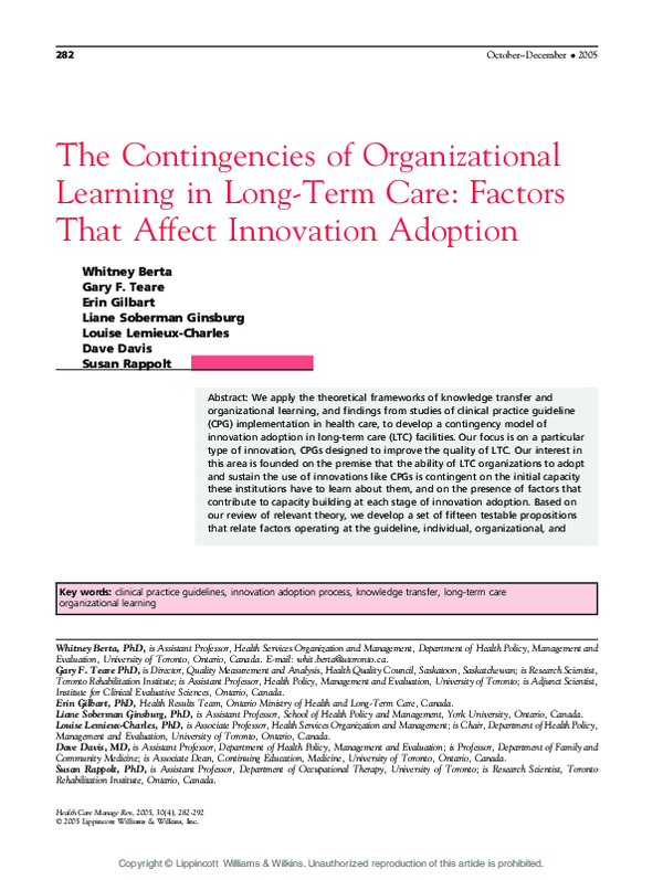(PDF) The Contingencies of Organizational Learning in Long-Term Care