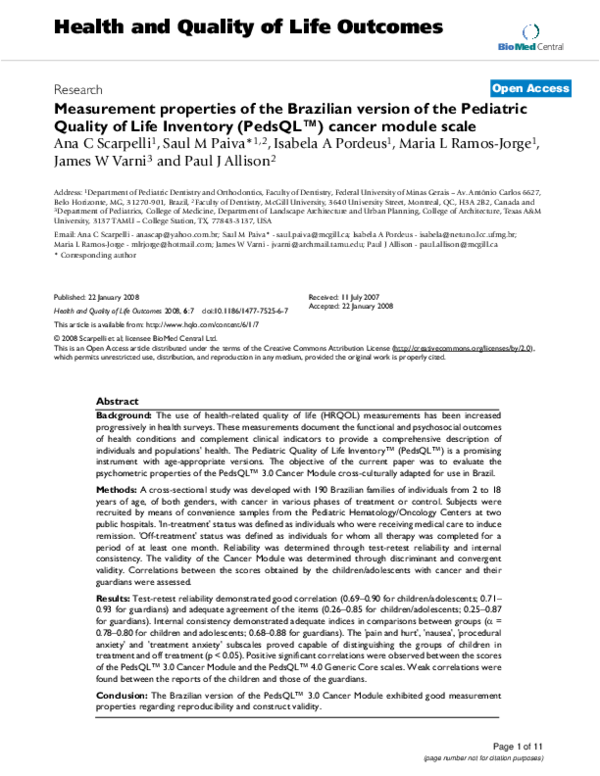 (PDF) Measurement properties of the Brazilian version of the Pediatric ...