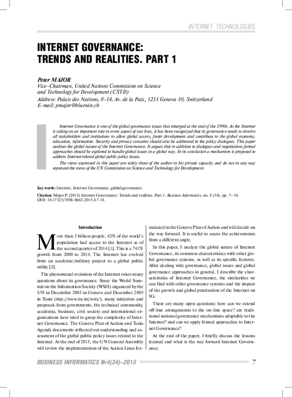 (PDF) Internet Governance: Trends and realities. Part 1