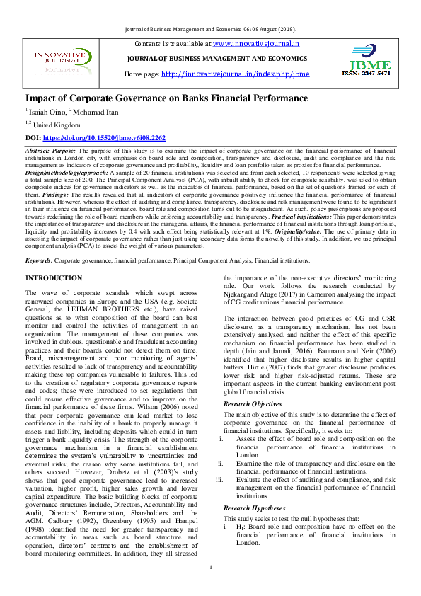 (PDF) Impact of Corporate Governance on Banks Financial Performance