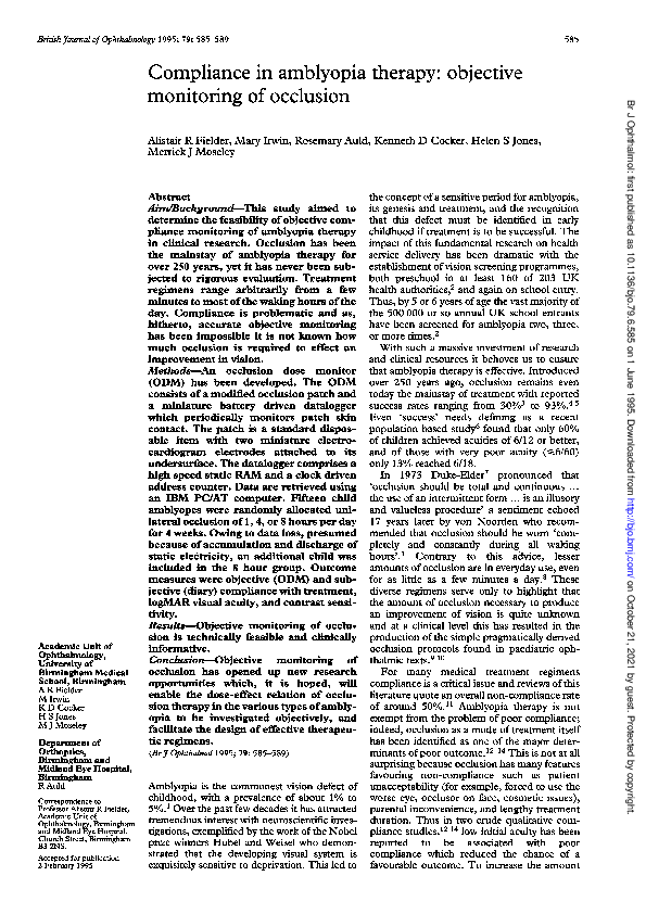 (PDF) Compliance In Amblyopia Therapy: Objective Monitoring of Occlusion