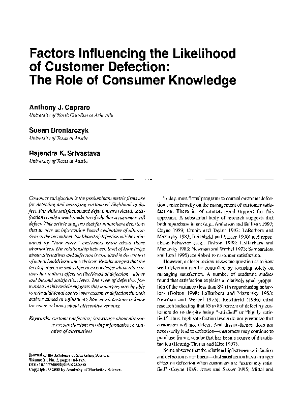(PDF) Factors Influencing the Likelihood of Customer Defection: The ...