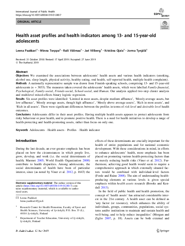 (PDF) Health asset profiles and health indicators among 13- and 15-year ...