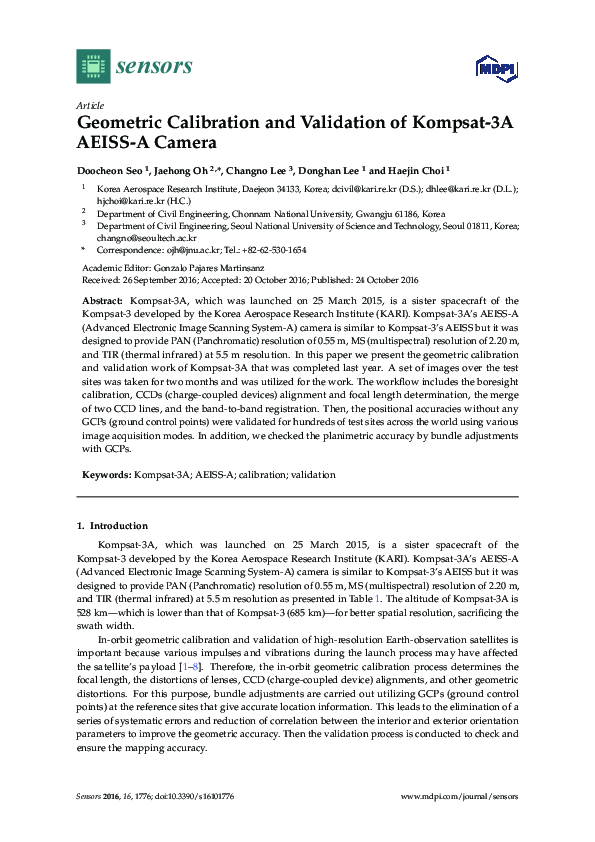 (PDF) Geometric Calibration and Validation of Kompsat-3A AEISS-A Camera